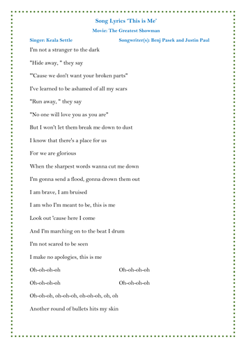 Song 'This Is Me' listening comprehension Worksheets +Theme + Keys ...
