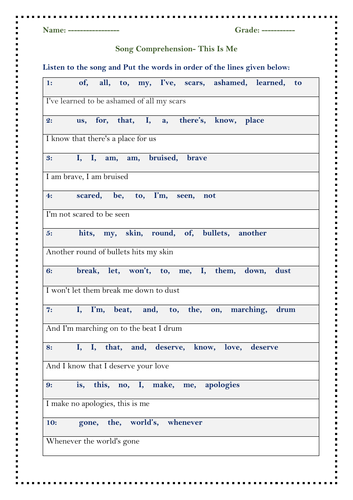 Song 'This Is Me' listening comprehension Worksheets +Theme + Keys ...