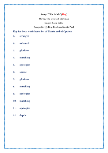 Song 'This Is Me' listening comprehension Worksheets +Theme + Keys ...