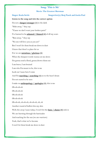 Song 'This Is Me' listening comprehension Worksheets +Theme + Keys ...