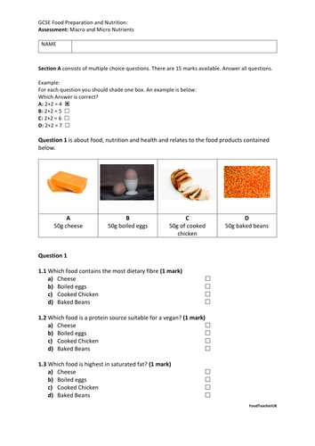 End of unit test for GCSE Food Preparation and Nutrition | Teaching ...