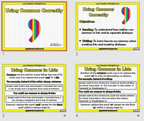 Using Commas (PowerPoint and worksheets) | Teaching Resources