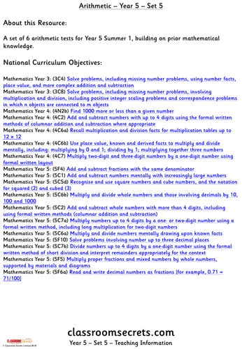 Arithmetic Tests for Year 5 Summer Term 1 | Teaching Resources