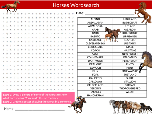 Horses Wordsearch Sheet Starter Activity Keywords Cover Animals Nature ...