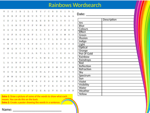 Rainbows Wordsearch Sheet Starter Activity Keywords Cover Physics Art ...