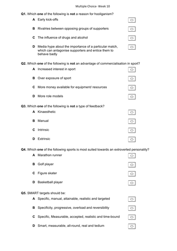 AQA PE- Multiple choice questions (10 weeks worth) | Teaching Resources AQA PE- Multiple choice questions (10 weeks worth) | Teaching Resources