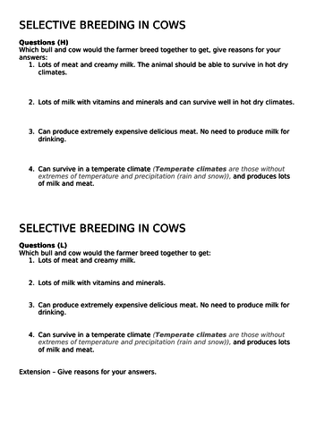 Selective breeding differentiated worksheets | Teaching Resources