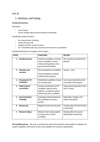 Elections & Voting notes, US Government & Politics, Unit 3C, Edexcel A2 ...