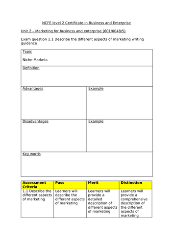 VCERT Business - Marketing Unit 1.1 Revision Worksheet | Teaching Resources