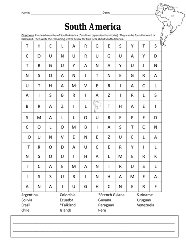 South America Word Search Puzzle | Teaching Resources