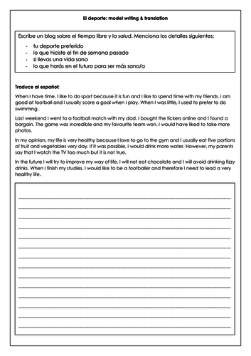 Spanish GCSE sport & health translation: a longer writing activity ...