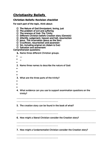 AQA RE GCSE Christianity Revision Checklists and Comprehension ...