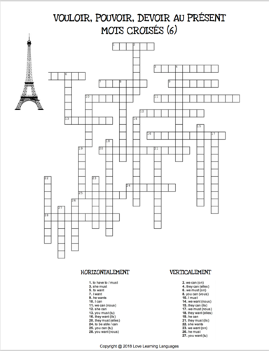 French Verbs VOULOIR - POUVOIR - DEVOIR Crossword Puzzles - Mots ...