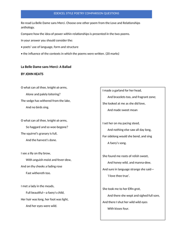 Edexcel Pick n Mix Literature Paper 2: Love and Relationships Poetry ...