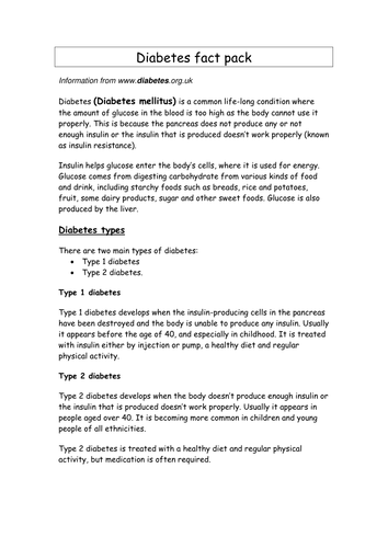 blood sugar and diabetes new spec | Teaching Resources