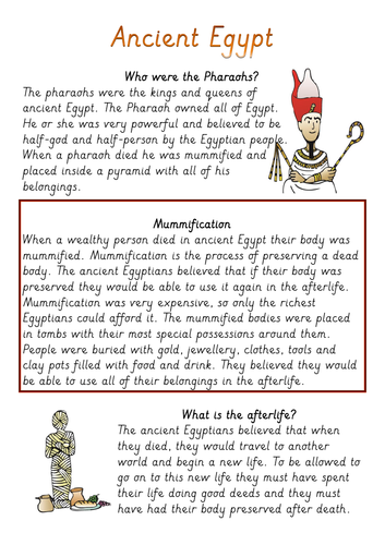 KS2 Ancient Egypt, Reading Task and comprehensions with Topic ...