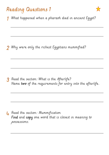 KS2 Ancient Egypt, Reading Task and comprehensions with Topic ...
