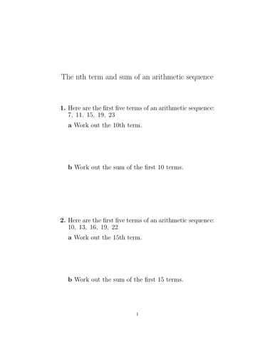 The nth term and sum of an arithmetic sequence worksheet (with ...
