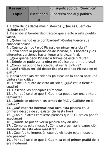 AQA SPANISH A LEVEL RESEARCH PROJECT SAMPLE QUESTIONS PACK | Teaching ...