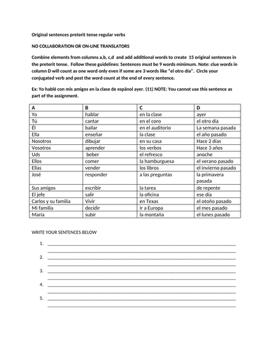 original sentences with regular preterit tense verbs | Teaching Resources