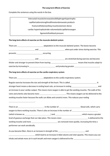 The long-term effects of exercise worksheets | Teaching Resources