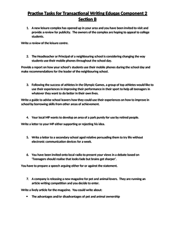 Seven Transactional Writing Tasks for Eduqas WJEC | Teaching Resources