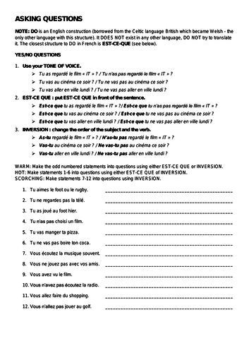 French GCSE How to ask questions worksheet | Teaching Resources
