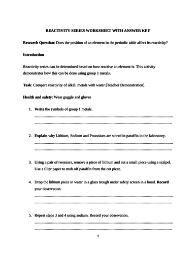 Reactivity series worksheet with answer key | Teaching Resources
