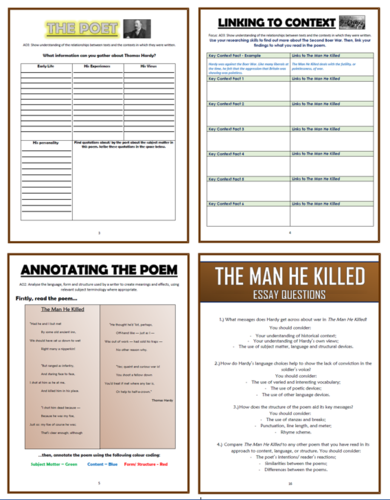 The Man He Killed - Thomas Hardy - Comprehension Activities Booklet ...
