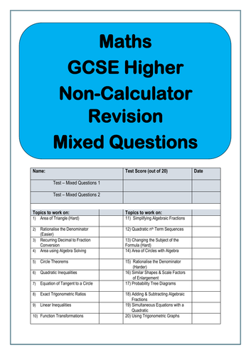 Maths GCSE 9-1 Higher Non-Calculator Questions | Teaching Resources Maths GCSE 9-1 Higher Non-Calculator Questions | Teaching Resources