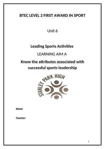 BTEC SPORT LEVEL 2 - UNIT 6 Leading Sports Activities Student Booklet ...