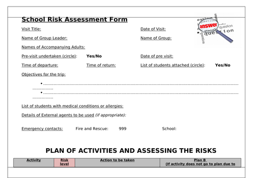 Educational Visit - Risk Assessment Form | Teaching Resources