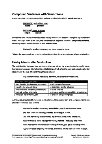 Compound sentences / semi-colons | Teaching Resources