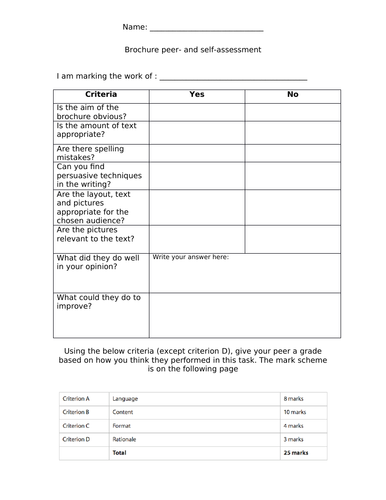 IB English B - Brochure (text type) - Peer Assessment | Teaching Resources