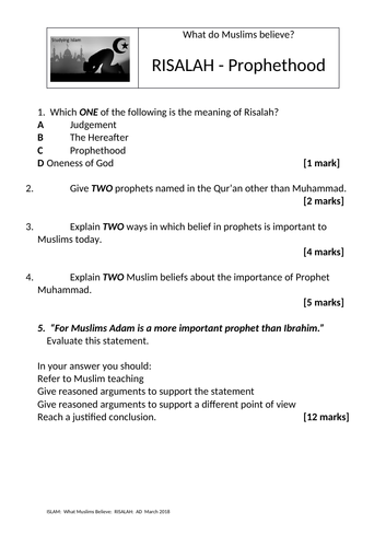 RISALAH Prophethood ISLAM AQA | Teaching Resources