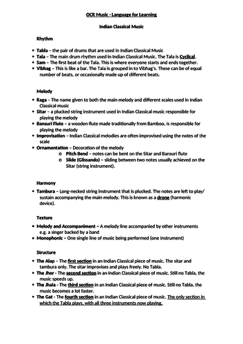 OCR GCSE Music - "Classical Indian Music" Area of Study 3 "Rhythms of ...