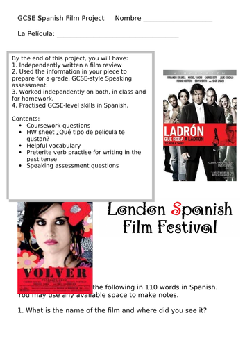 GCSE Spanish Film Project Booklet | Teaching Resources