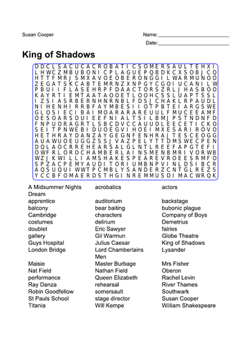 King of Shadows Word Search | Teaching Resources