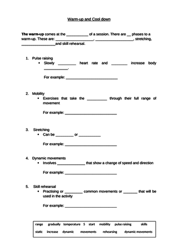 Warm-up and cool down work sheet | Teaching Resources