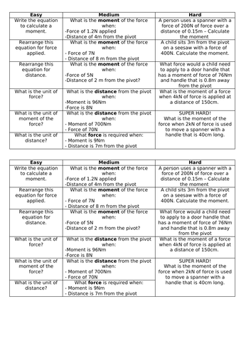 Moments - KS3 - Quiz Quiz Trade and differentiated questions | Teaching ...