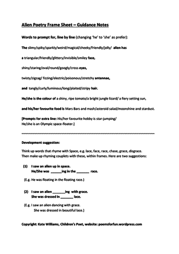 Alien Poem Frame, illustrated, Yrs 2-4; Guidance Notes | Teaching Resources