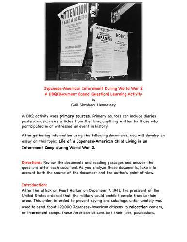 DBQ: Life of a Japanese-American Child/ Internment Camp WW2 | Teaching ...