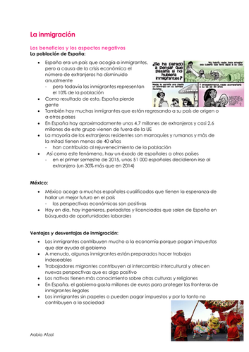 AQA La inmigracion NOTES for NEW A LEVEL SPANISH | Teaching Resources