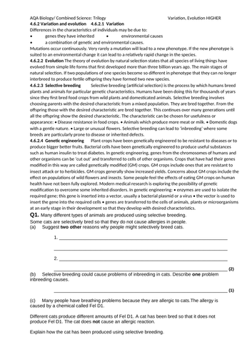 AQA GCSE Combined Trilogy/ Biology Revision Inheritance, Variation ...