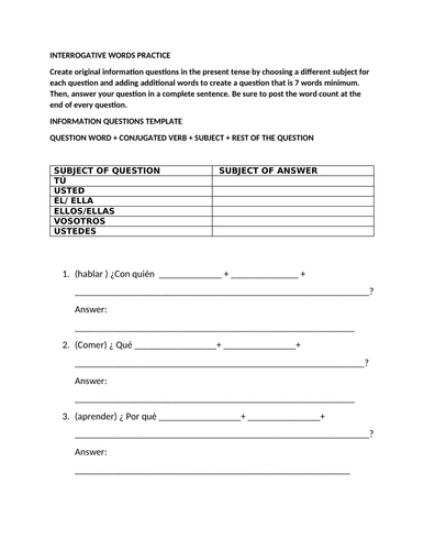Question words practice worksheet | Teaching Resources
