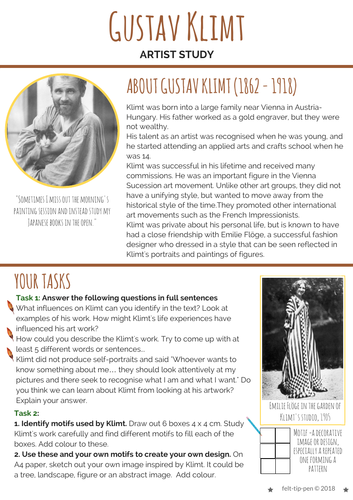 Gustav Klimt artist research & analysis worksheet | Teaching Resources