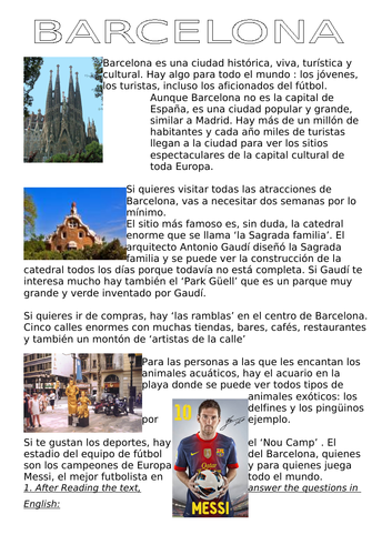 SPANISH KS3 BARCELONA reading sheets | Teaching Resources