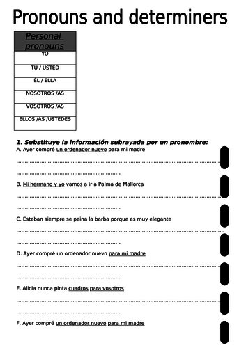 SPANISH A LEVEL PRONOUNS AND DETERMINERS worksheet | Teaching Resources