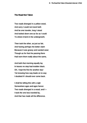 Robert Frost - The Road Not Taken | Teaching Resources
