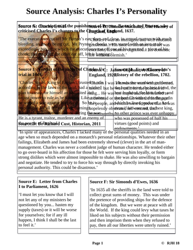 Source Analysis - Charles I's Personality | Teaching Resources